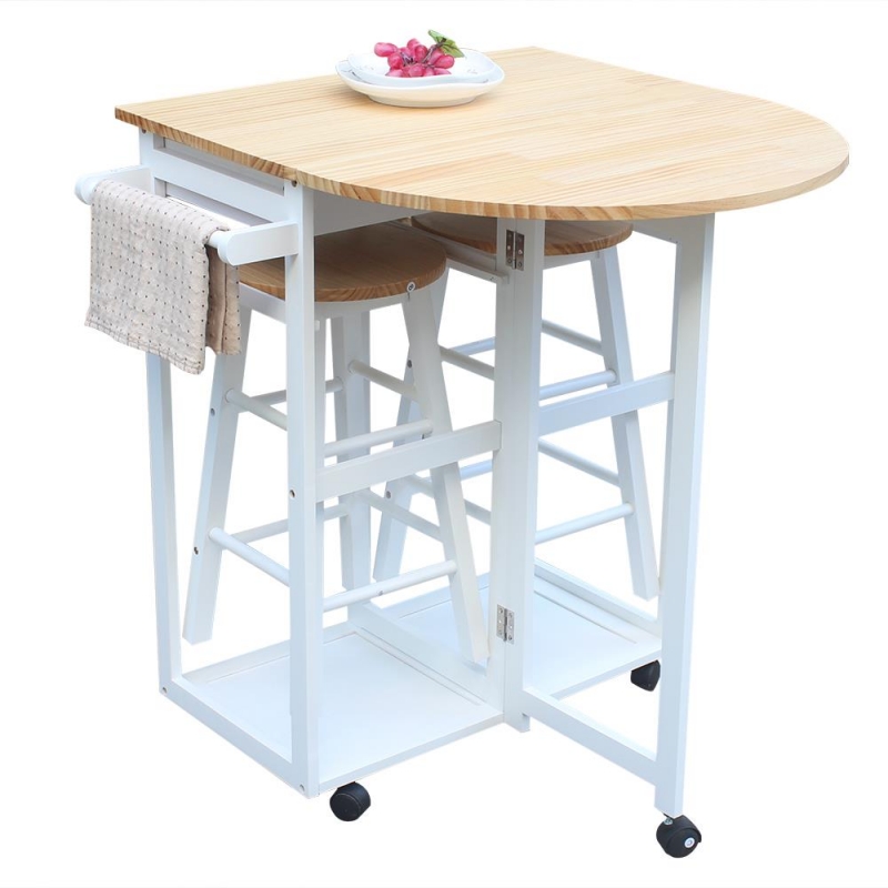 Winado Folding Kitchen Cart Rolling Dining Table Set with 2 Stools & 2 ...