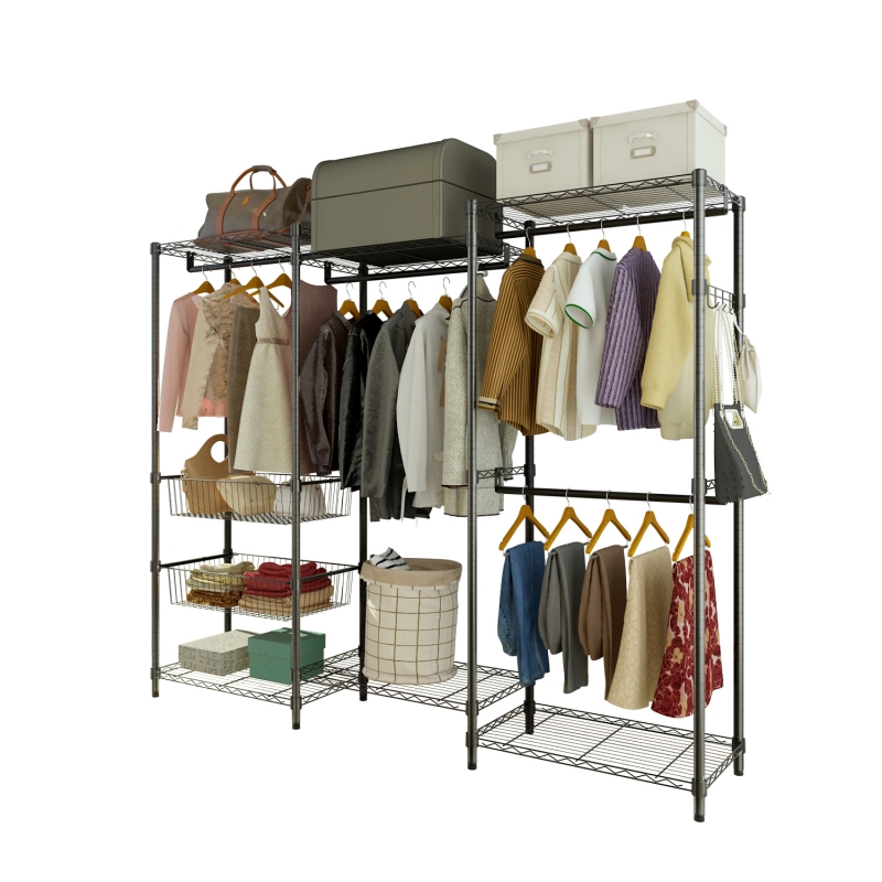 clothes rack with baskets